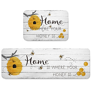 Bees Kitchen Mats 2 Pieces Non Slip Runner Rug Set Home is Where Your Honey is Bee Home Hive Rustic Wood Grain Kitchen Rugs Washable Comfort Floor Mat for Kitchen,Sink,Office,15.7"x23.6"+15.7"x47.2"
