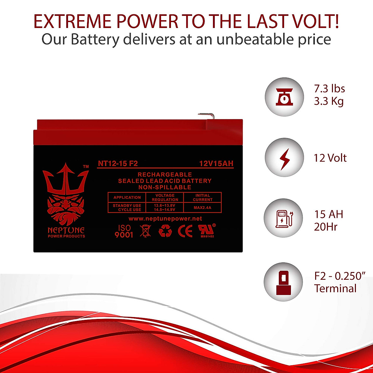 Neptune Power Products Brand NT12-15 F2-12V 15AH F2 SLA Rechargeable Battery Replacement for Go Go Elite Traveller SC40E, SC44E - 2 Pack- USA Technical Support