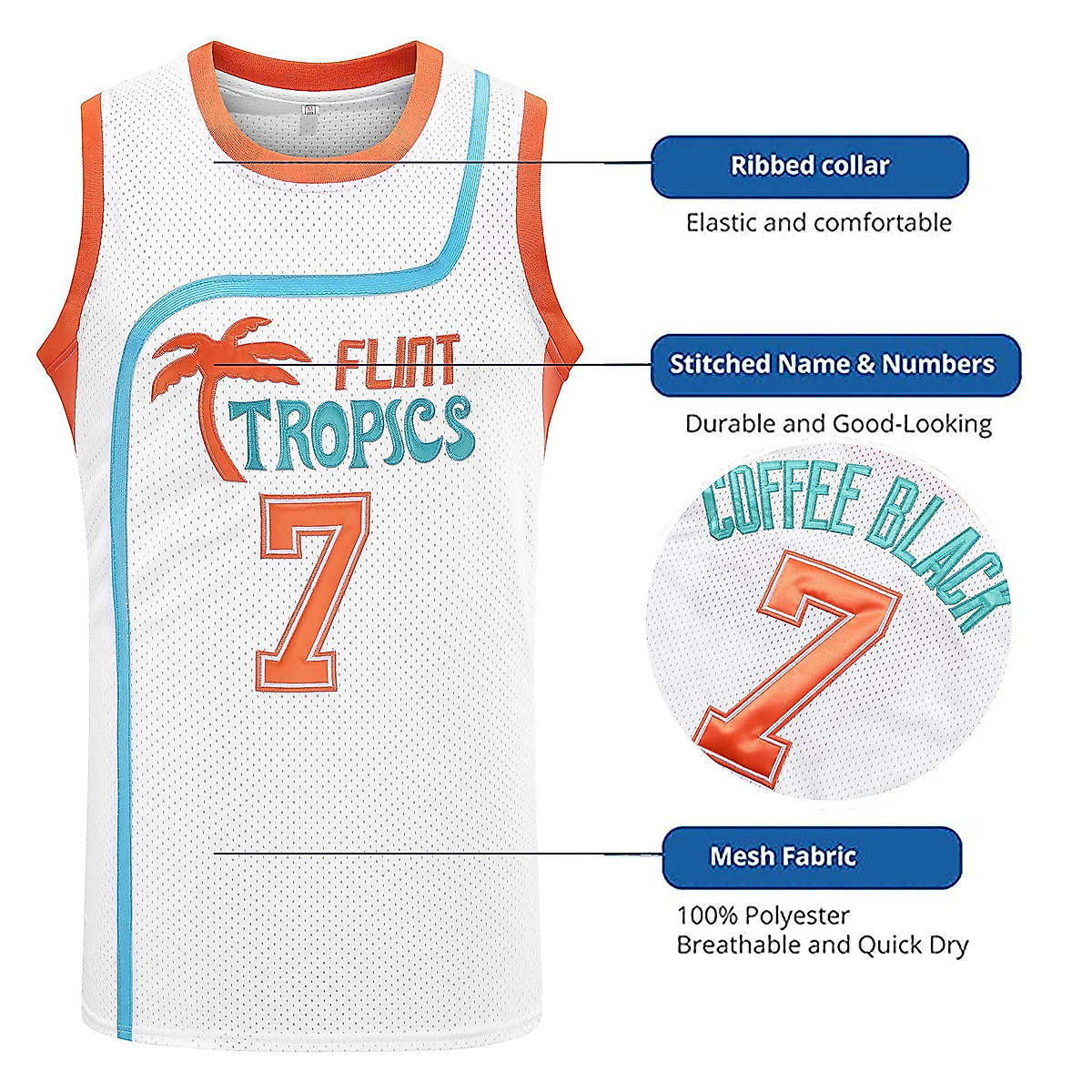 Flint Tropics Jackie Moon #33 Coffee Black #7 Semi Pro 90s Hip Hop Clothes for Party Men Basketball Jersey Green White (7 White, Large)