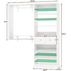 Closet System with Drawer - Reversible 5FT Wood Closet Organizer System with 2 Hanging Rods and Adjustable Shelf, Walk In Closet Organizers with Shoe Rack, Built-In Garment Rack Clothes Rack, White