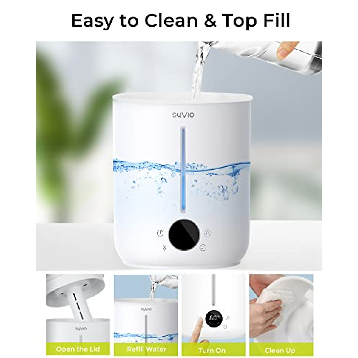 Cool Mist Air Humidifiers For Bedroom Large Room, Syvio 2.8L Smart Humidity Sensor, Easy to Clean for Baby Home Top Fill, Essential Oil Diffuser, Ultrasonic Quiet, 360° Nozzle