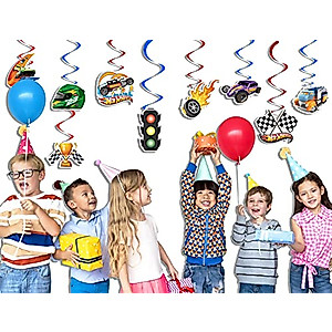 36Pcs Hot Race Car Party Hanging Swirls Decorations, Checkered Flags Racing Themed Foil Ceiling Swirl Whirl for Kids Boys Men Race Fans Birthday Party Supplies