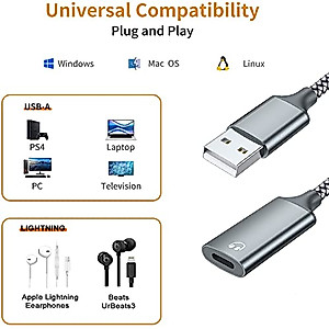 USB A to Lightning Audio Adapter Cable USB 3.0 Male to Lightning Female HiFi Audio Headphones Converter Fit with USB A MacBook Computer PC Support Volume Control Mic Nylon Braided