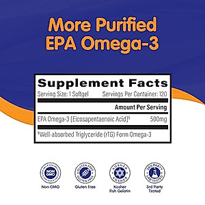 OmegaVia EPA 500, Purified Omega 3 Fish Oil Burpless Softgels, 500 mg EPA in Triglyceride Form, Unflavored Wild Fish Oil Supplements, No Fishy Burps, Non GMO and Gluten Free, IFOS 5-Star, 120 ct