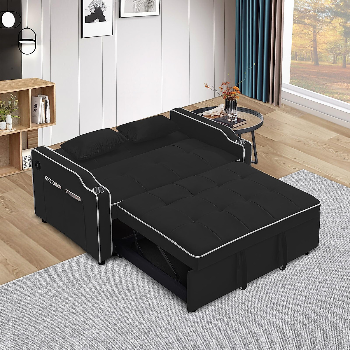 GarveeHome 3-in-1 Multi-Functional Velvet Sleeper Couch Pull-Out Bed, Loveseat Sofa Chaise Lounge with Cupholder, USB Port, Side Pocket, 2 Pillows and Adjustable Backrest, for Living Room, Black