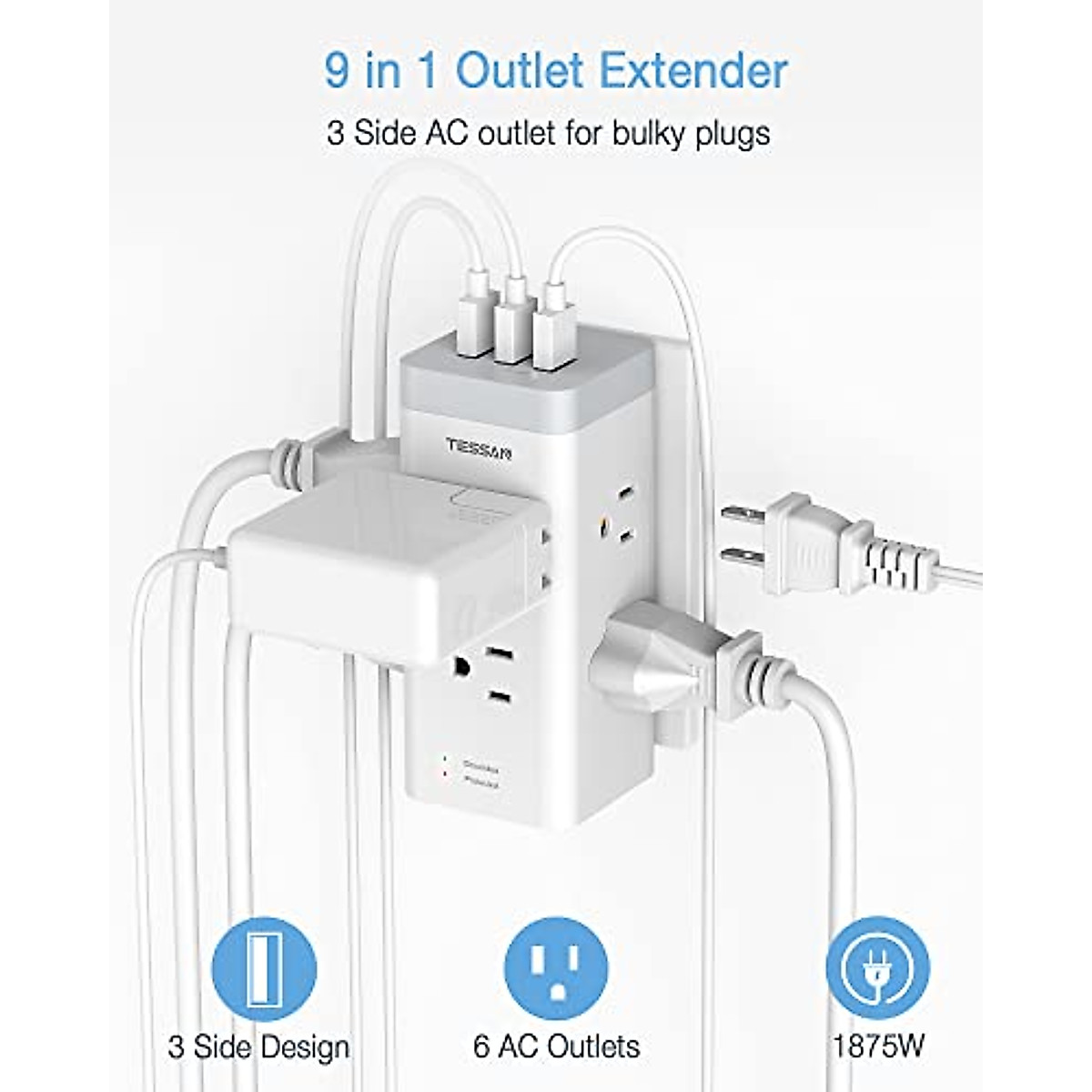 Multi Plug Outlet Extender with USB, TESSAN Surge Protector Outlet with 3 USB Wall Charger, 1050J Multiple Outlet Expander with 6 Electrical Outlet for Home, Dorm Room Essentials