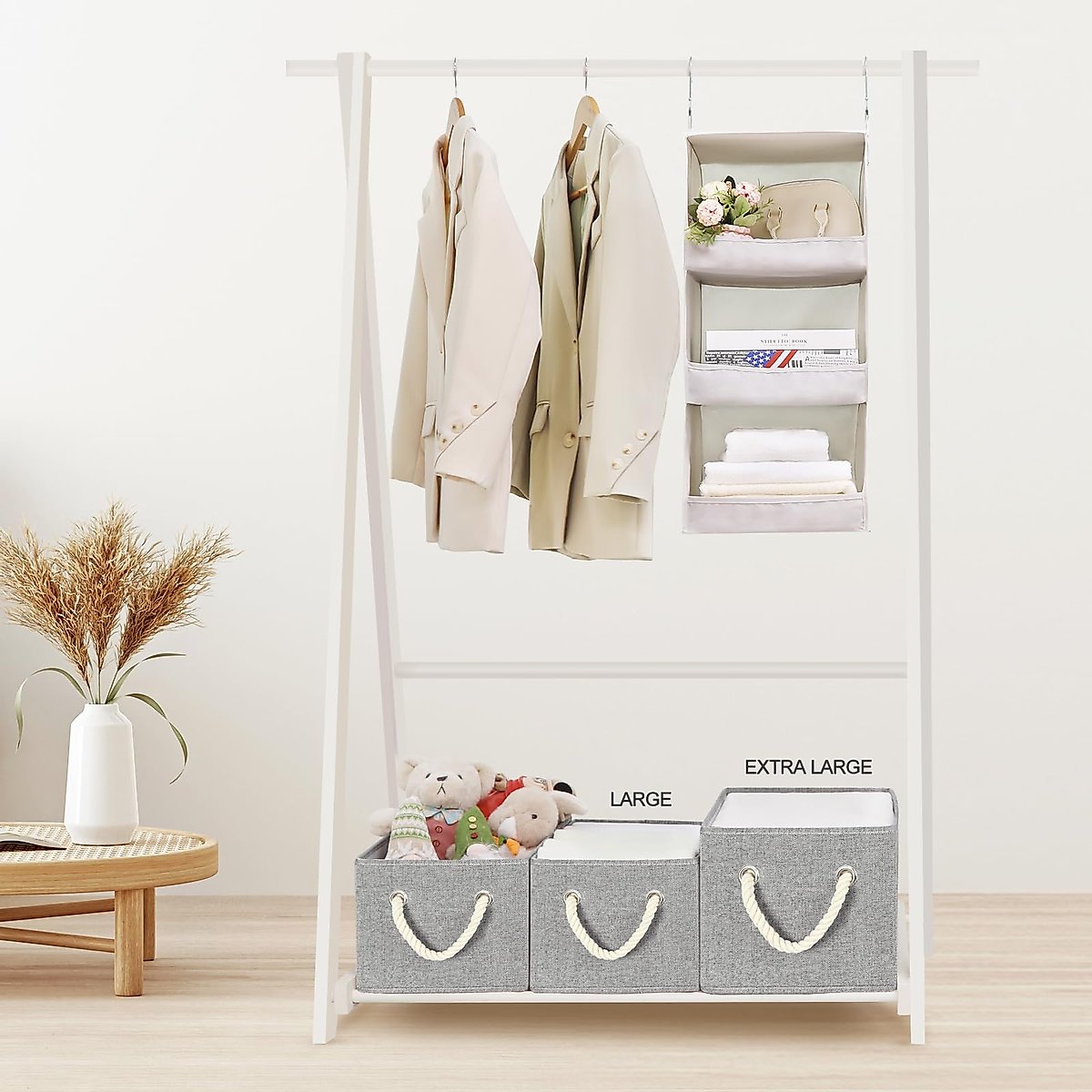 TOPIA HOME Closet Organizers and Storage Bins for Shelves, EXTRA LARGE, 3-Pack Foldable Storage Baskets for Organizing with Rope Handles, Collapsible Fabric Cube Organization Boxes, Gray, TP03DG