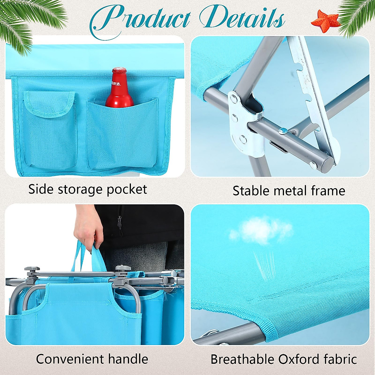 Wenqik 2 Pcs Foldable Beach Lounge Chair with 360° Canopy Sun Shade, Side Pocket, Carry Handle Beach Sunbathing Recliner Tanning Chair 4 Position Adjustable Backrest for Outside, Patio, Poolside