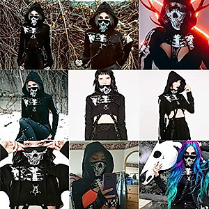 JUMISEE Women Goth Skeleton Hoodie Crop Top Iron Chain Long Sleeve Hooded Pullover Sweatshirt for Halloween Rave Festival Black