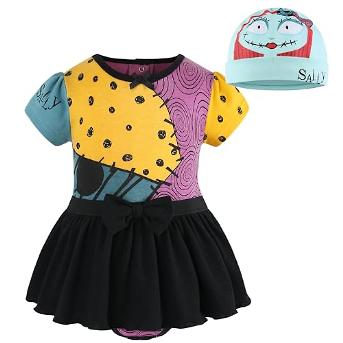 Disney Nightmare Before Christmas Sally Girls’ Bodysuit Dress and Cap Set for Newborn and Infant - Multicolor