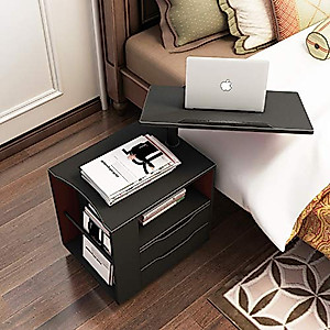 SogesHome Height Adjustable Nightstand with Lockable Wheels, Over-Bed Movable Bedside Table with 2-Drawers, Bedroom Side Storage Cabinet with 1-Open Cube, Black