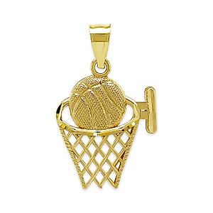 Gold Basketball Hoop Charm Pendant - 10 Karat Gold - Sports Jewelry - Basketball Team Jewelry (Style 4)