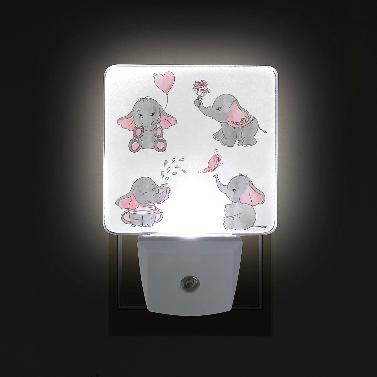 Naanle Set of 2 Cute Cartoon Baby Elephant Hold Heart Shape Balloon Flowers Play Butterfly Water Drop Fountain Nightlight Auto Sensor LED Dusk to Dawn Night Light Plug in Indoor for Adults