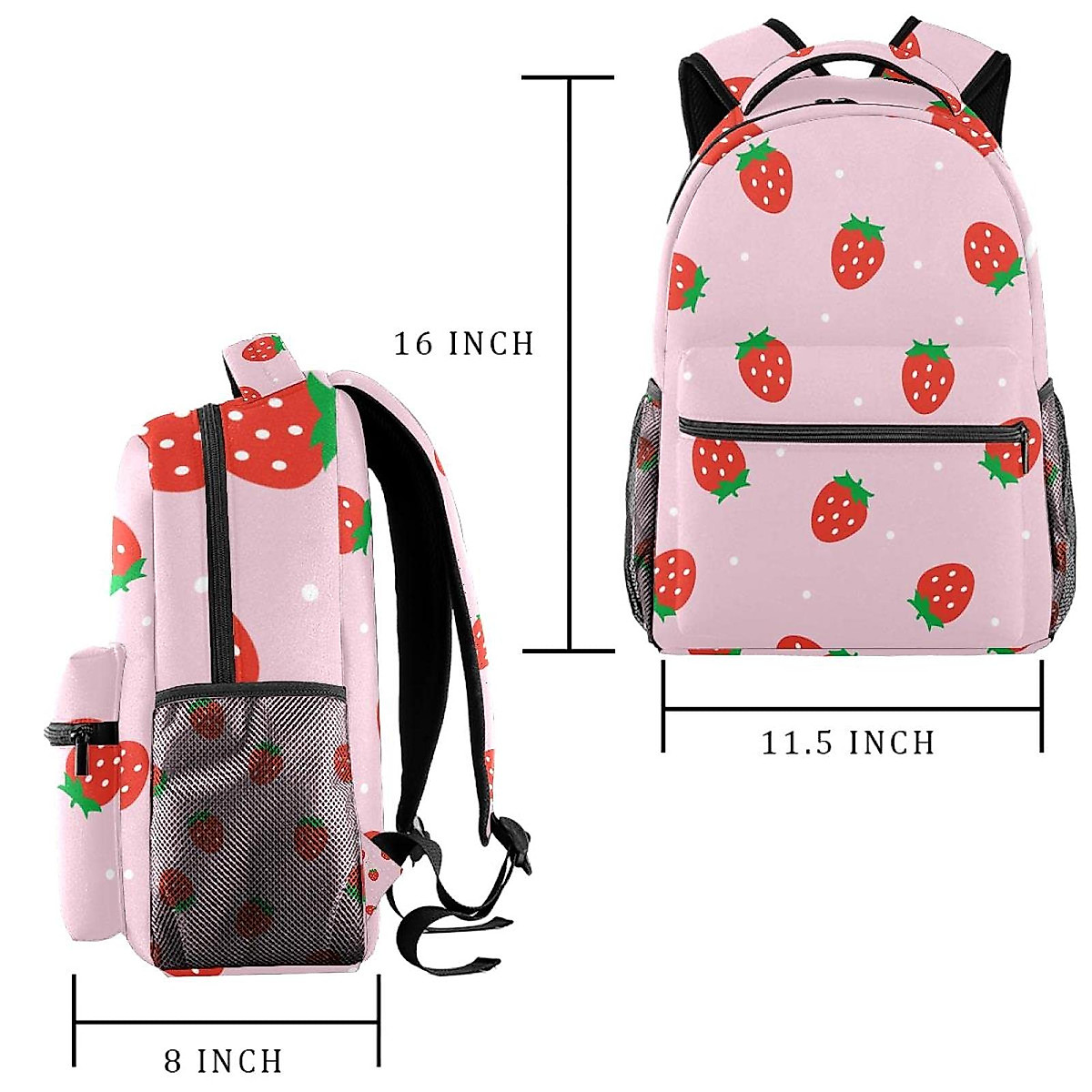 JAVENPROEQT School Backpack For Girls Boys, Kawaii Strawberry Pink Patterns Casual Bookbag With Water Bottle Pocket