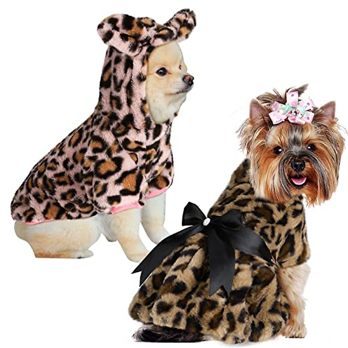 2 Pieces Leopard Print Faux Fur Dog Coat Fluffy Warm Sweater Medium Girl Dog Clothes Puppy Clothes for Small Dogs Girl Soft Faux Fur Pet Jacket for Chihuahua Winter Autumn Cold Weather Cat