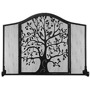MyGift Black Wrought Iron Fireplace Screen Door with Silhouette Tree & Bird Design