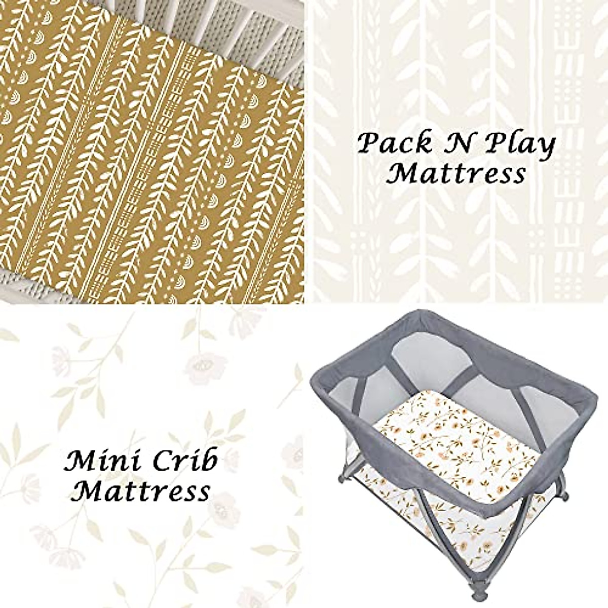 Pack N Play Sheets, 2 Pack Portable Mini Crib Sheets, Soft Jersey Knit Playard Sheets, Play Mattress Covers for Baby Girl Boy, Retro Brown Flower