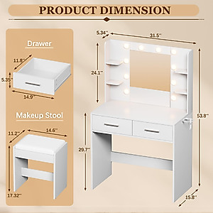 Furmax Make up Vanity Desk with Mirror and Power Outlet, Vanity with 3 Color Light Options Adjustable Brightness,Vanity Desk with 2 Drawers, 6 Storage Shelves (White, with Bench)