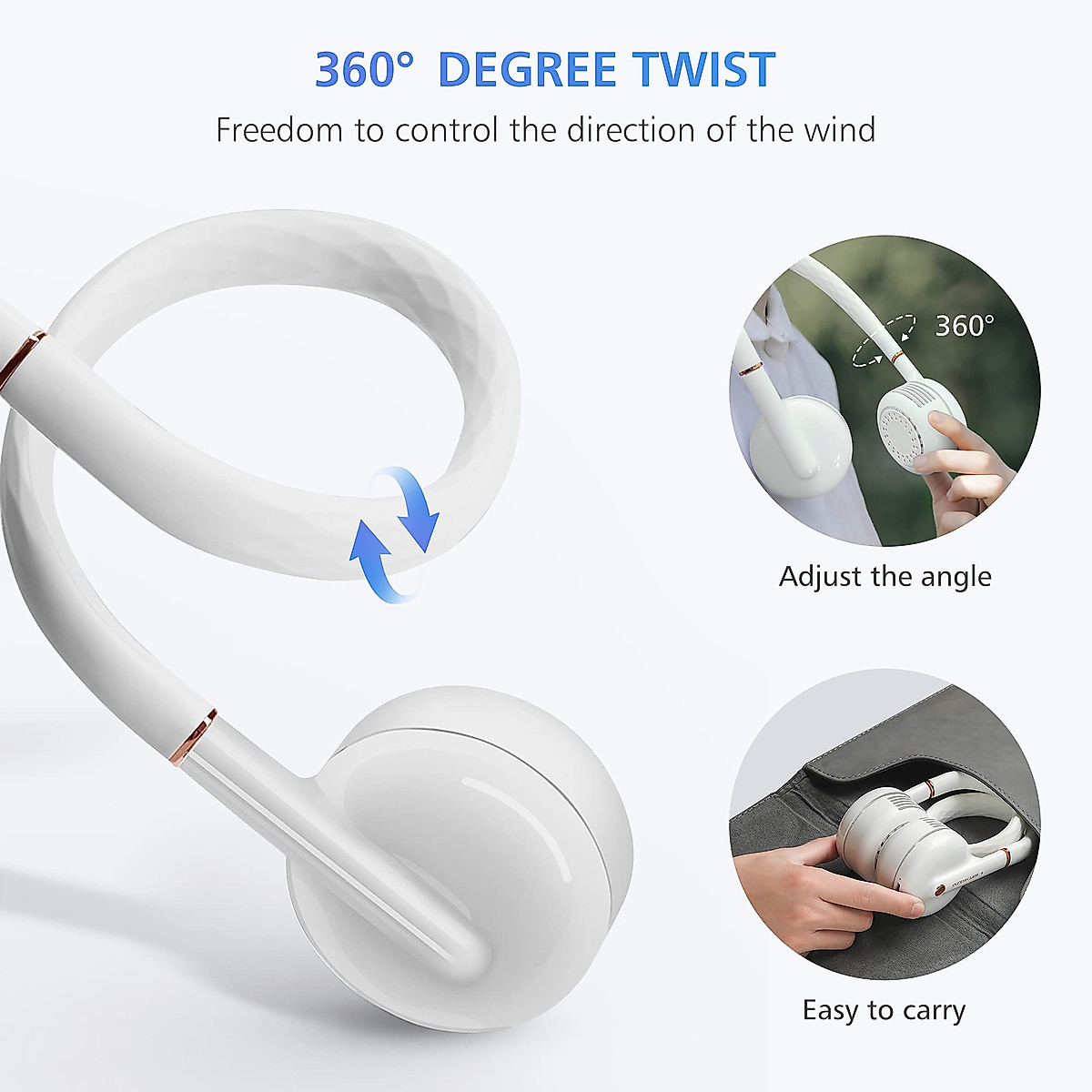 Comfier Portable Neck Fan,Hands Free Bladeless Personal Fans,Rechargeable Usb Fan,3 Speeds 360° Cooling, Wearable Personal Neck Fan for Women,Men,Kids,LED Lights,for Office Travel Outdoor Sports