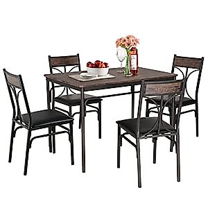 VECELO 5 Piece Kitchen Set Room,Dinette,Breakfast Nook,Industrial Style, Dining Table for 4, Retro BRN