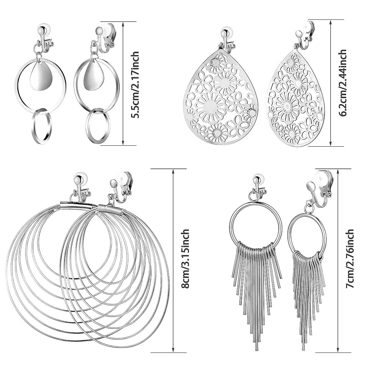16 Pairs Clip on Earrings Jewelry Set Clip on Bohemian Earrings Clip on Hoop Dangle Drop Earrings Tassel Statement Clip-on Earrings Non Piercing Earrings for Women (Silver)