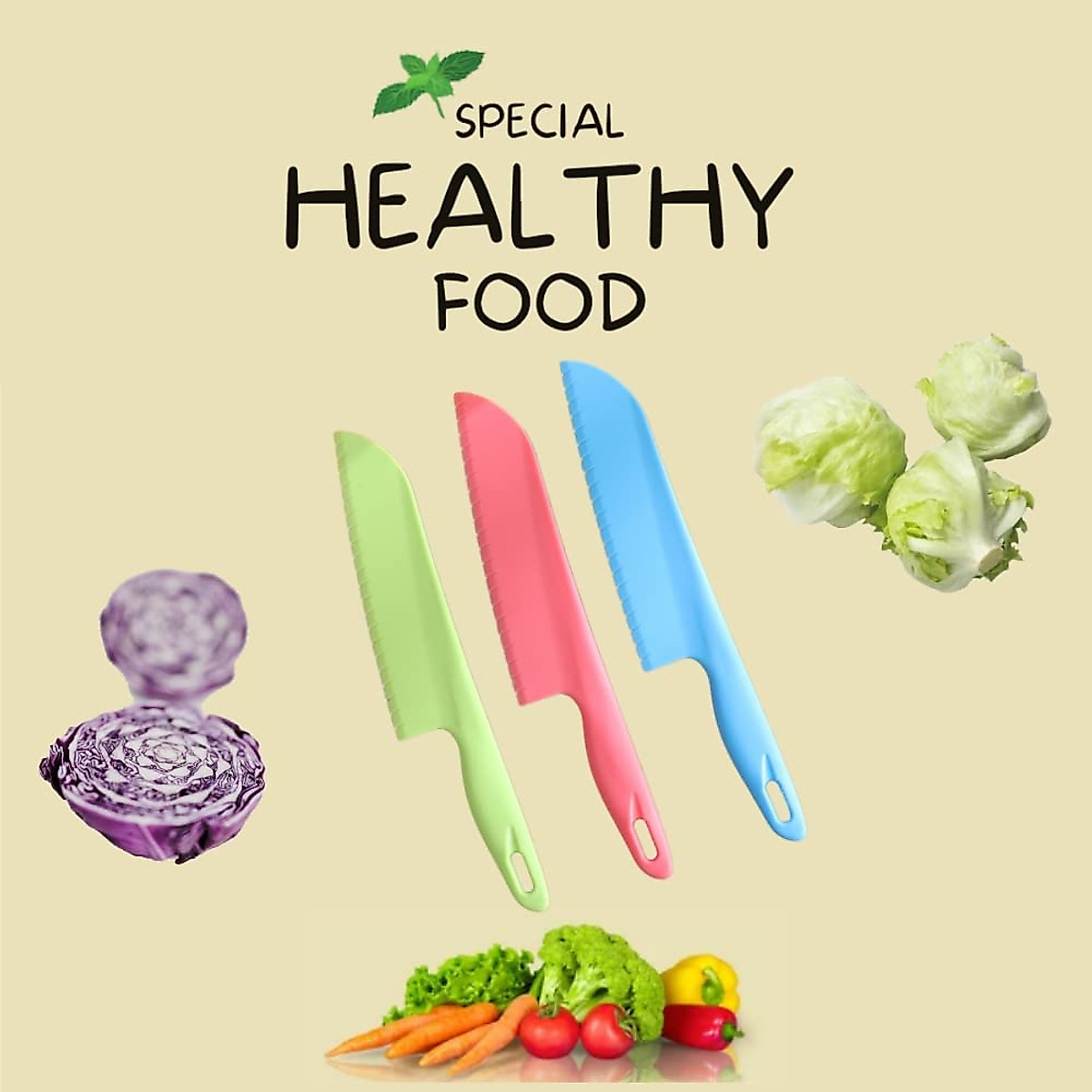 jawbush Professional Lettuce Knife to Prevent Browning, 11" Plastic Serrated Kitchen Knife for Veggies, Salad, Fruit, Bread or Cake, Nylon Knife for Nonstick Pans, Green, 2 Pack