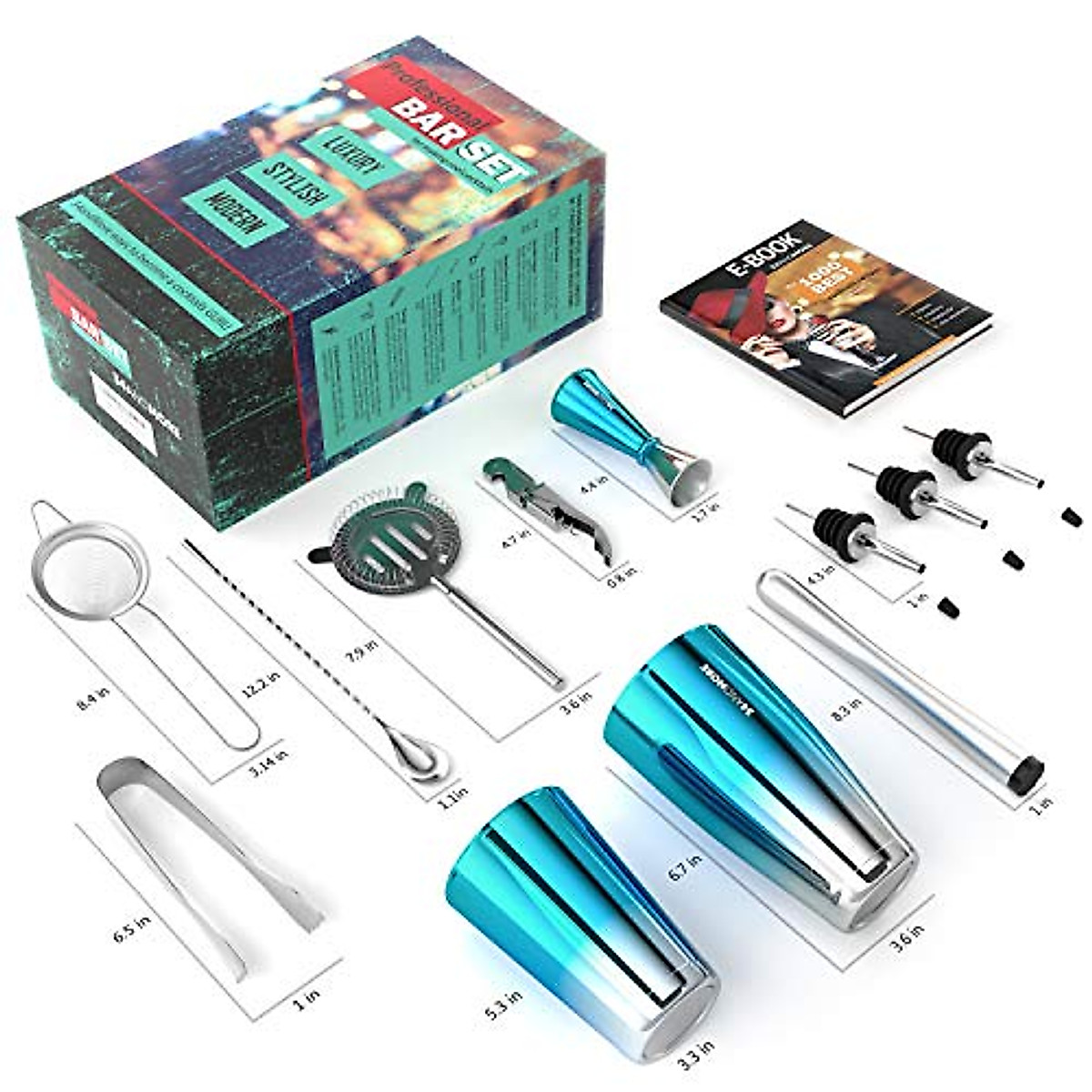 Bartender Kit. Boston Cocktail Shaker Set. Mixology Bar Set Tools Accessories for Professional and Home Bartending. Barware Kit: Two Weighted Shaker Tins, Muddler, Strainer, Jigger, Mixing Spoon, etc
