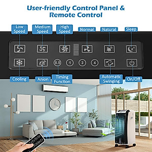 COSTWAY Evaporative Cooler, Portable Cooling Fan with Remote Control, 3-Mode, 3-Speed and 7.5H Timer Function, Include Ice Crystal Boxes, Water Tank and Casters, Bladeless Cooler for Home Office