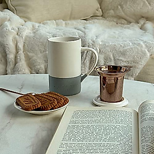 Mora Ceramics Tea Cup with Loose Leaf Infuser, Spoon and Lid, 12 oz, Microwave and Dishwasher Safe Coffee Mug - Rustic Matte Ceramic Glaze, Modern Herbal Tea Strainer - Great Gift for Women, Flint