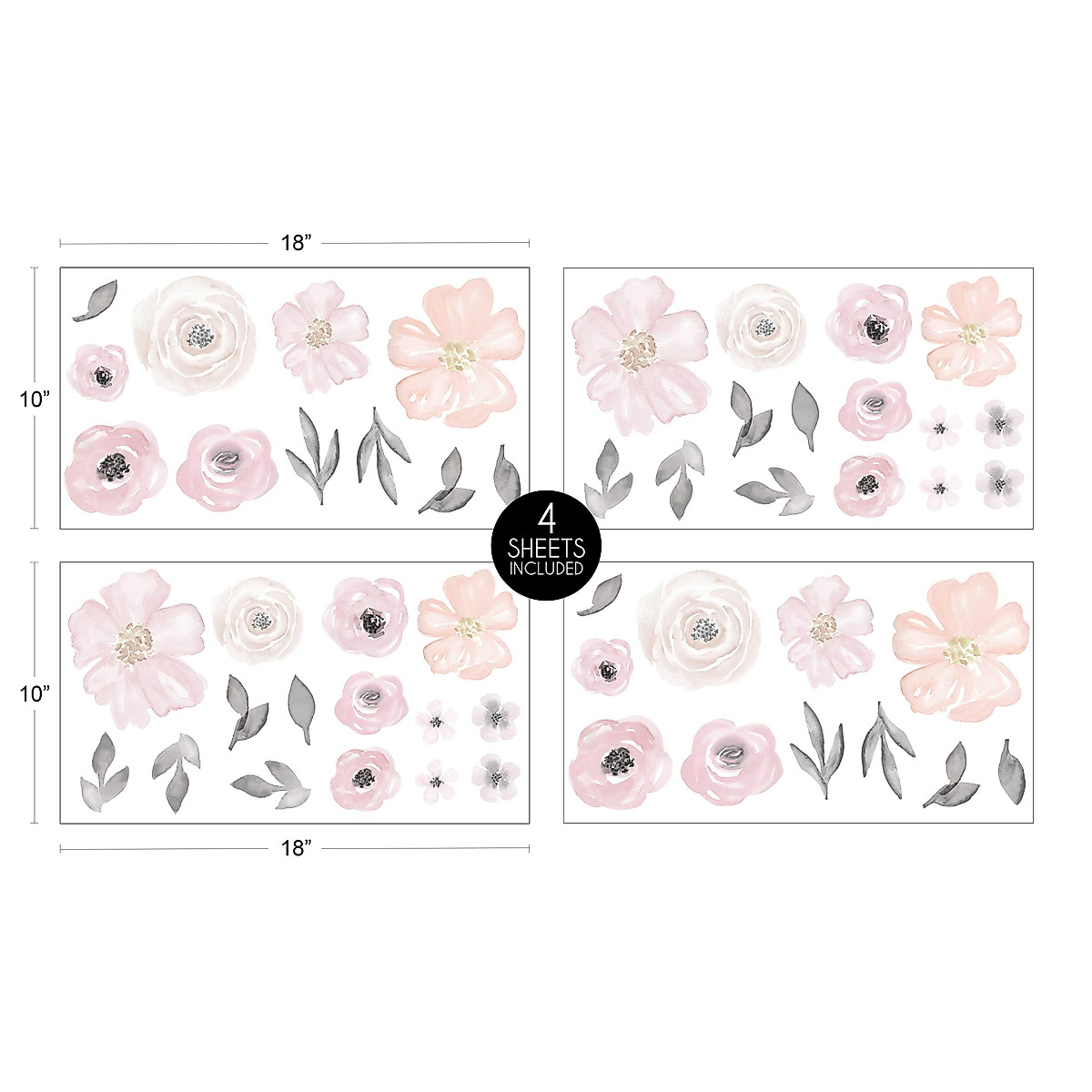 Blush Pink, Grey and White Wall Decal Stickers for Watercolor Floral Collection by Sweet Jojo Designs - Set of 4 Sheets