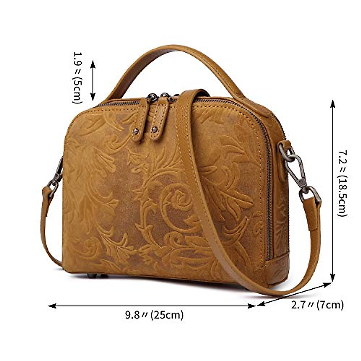 FEIMINA Women Genuine Leather Messenger Crossbody Handbag Design Embossed Floral Pattern Sling Satchel Shoulder Bag (Brown)