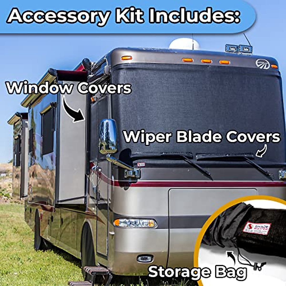 ShadePro - ShadeMaster RV Windshield Sunshade - Front Window Cover Screen Shade for Monaco RVs - Class A Motorhome Windshield Cover - Includes Passenger & Driver Window Covers