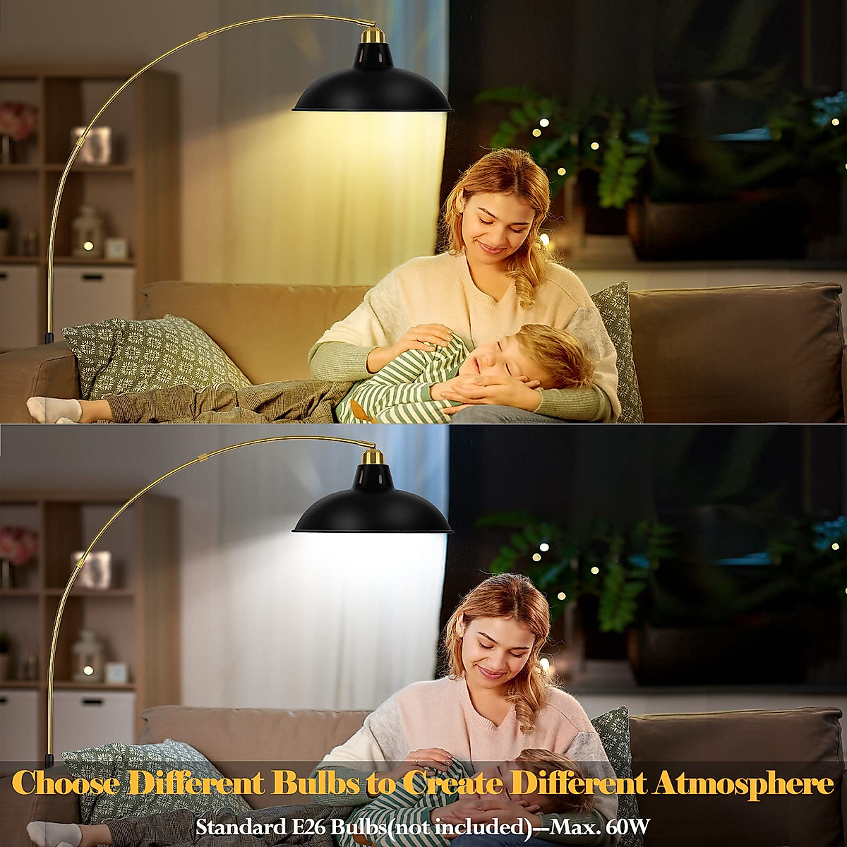 FILIYANO Arc Floor Lamp for Living Room, Marble Base Standing Lamp - Black Gold Floor Lamps with 360° Rotatable Arm, Industrial Tall Lamp Metal Material, Reading Lamp for Bedroom Couch Sofa Desk