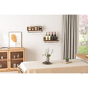 HOOBRO Wall Mounted Wine Rack 2 Pack, Wine Shelf Hanging Floating Wall Shelves, Wine Glass Bottle Rack Stemware Holder, for Living Room, Dining Room, Kitchen, Rustic Brown and Black BF28BJ01