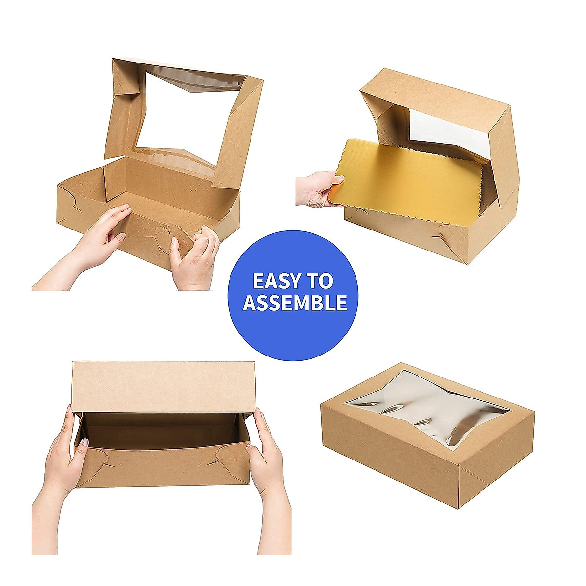 FATRE FOODS (15 Pack) Cake Boxes with Cake Boards INCLUDED – Easy-Assembly, 14 x 10 x 4 Inch, Dessert Boxes with Window, Stickers – Store & Sell Cakes, Cupcakes, Muffins, & Donuts in Bakery Boxes