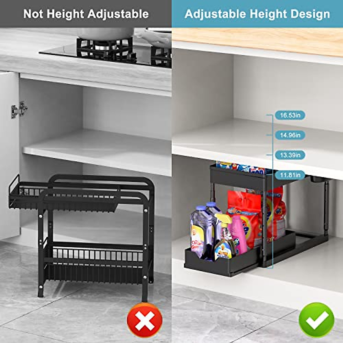 2 Pack Under Sink Organizers and Storage, 2 Tier Sliding Bathroom Organizer Under Sink, Adjustable Height Under Cabinet Organizer Basket with Hooks Hanging Cups, Shelf Organizer for Bathroom Kitchen