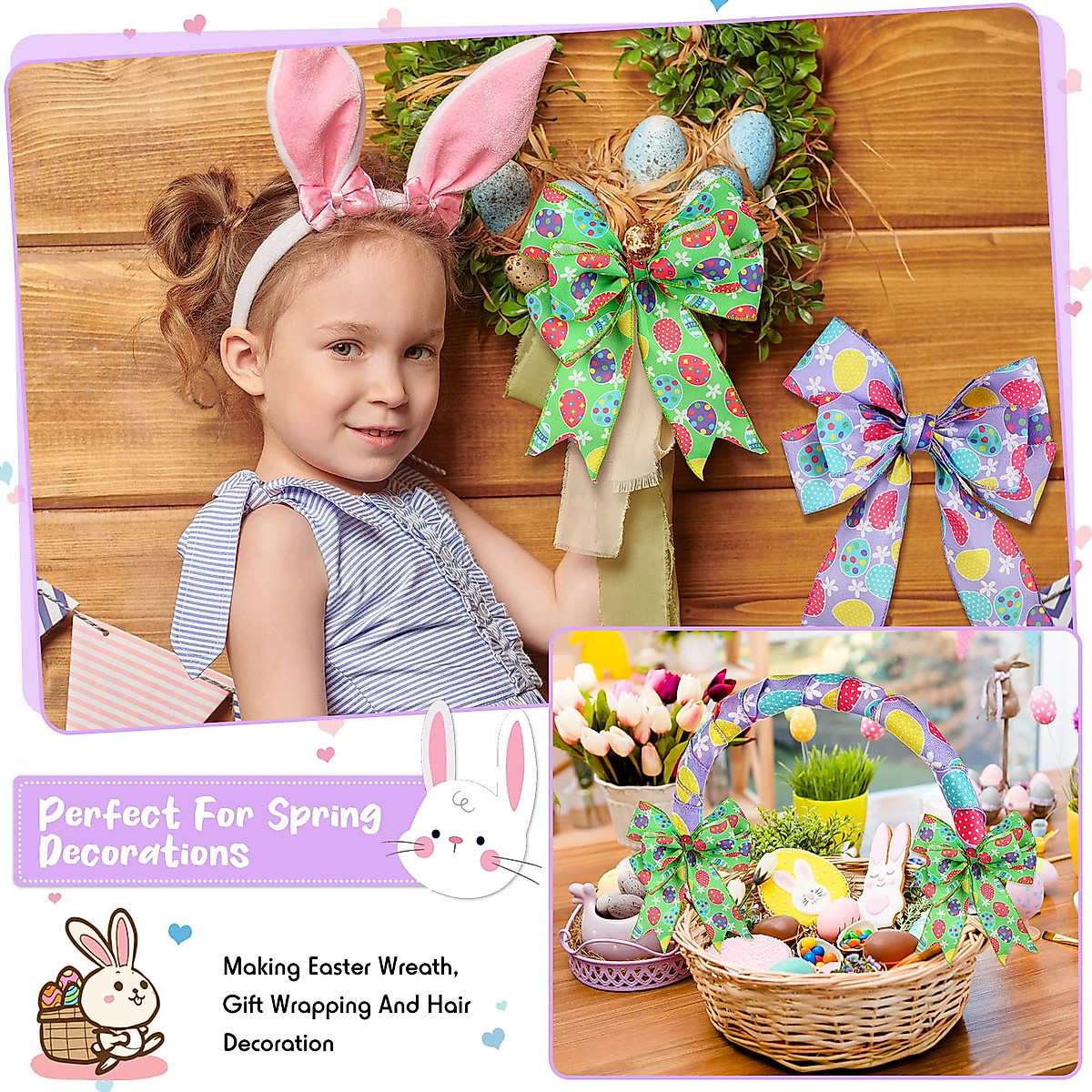 2 Rolls Easter Ribbon Easter Eggs Wired Edge Ribbon 2.5 Inch 20 Yards Lavender Easter Fabric Ribbons Green for Easter Wreath Decoration Wrapping Floral Bows