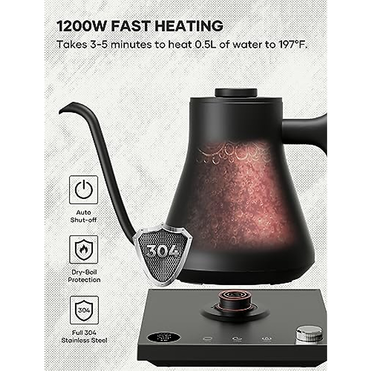 Gooseneck Electric Kettle, Offacy Pour Over Tea Kettles with LED Screen, ±1℉ Temperature Control, Full 304 Stainless Steel, Quick Heating, Hold, Mute, 0.68mm V-Shaped Spout, Hot Water Boiler, 0.9L