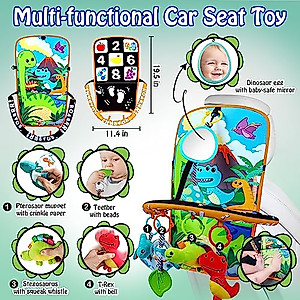 Innofans Baby Car Seat Toys with Dinosaurs Toys - Kick and Play Double Sided Infant Car Seat Toys with Plush Toys, Mirror, Teether for Baby, Baby Travel Activities, Newborn Toys, Infant Toys