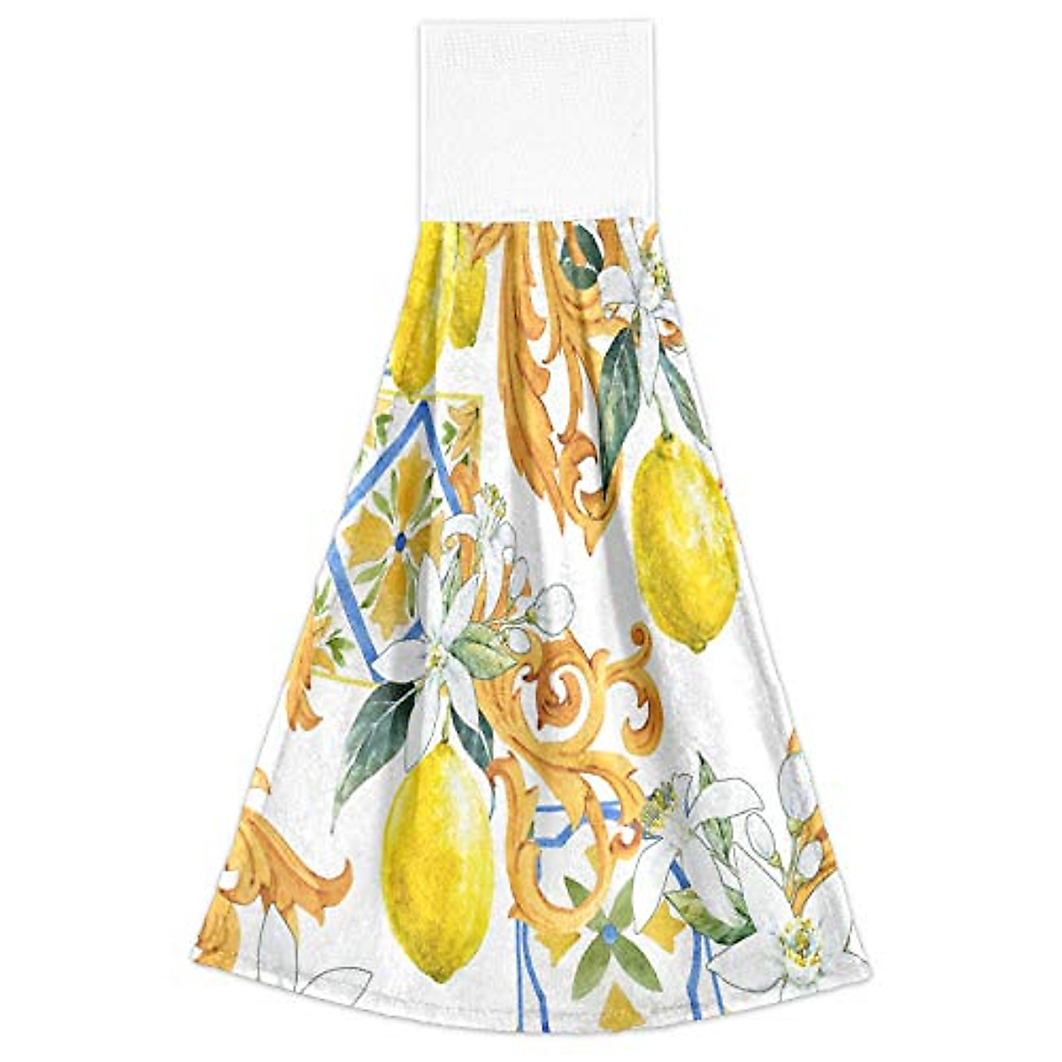 MCHIVER 2 Pcs Hanging Kitchen Hand Towels with Loop, Sicilian Style Lemon Fruit Tile Decorative Towels Absorbent Towel for Bathroom, Laundry Room, Hotel, Gym and Spa