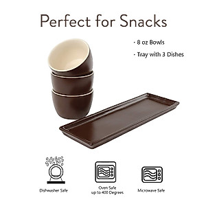 Ceramic Snack Serving Tray Set with 3 8oz Bowls for Dips Condiments Snacks
