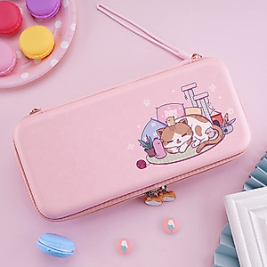 PlayVital Pink Cute Carrying Case for Nintendo Switch & OLED, Thumb Grip Caps & Kitten & Chicken Slim Travel Case for Switch Portable Hardshell Girl Storage Game Accessories