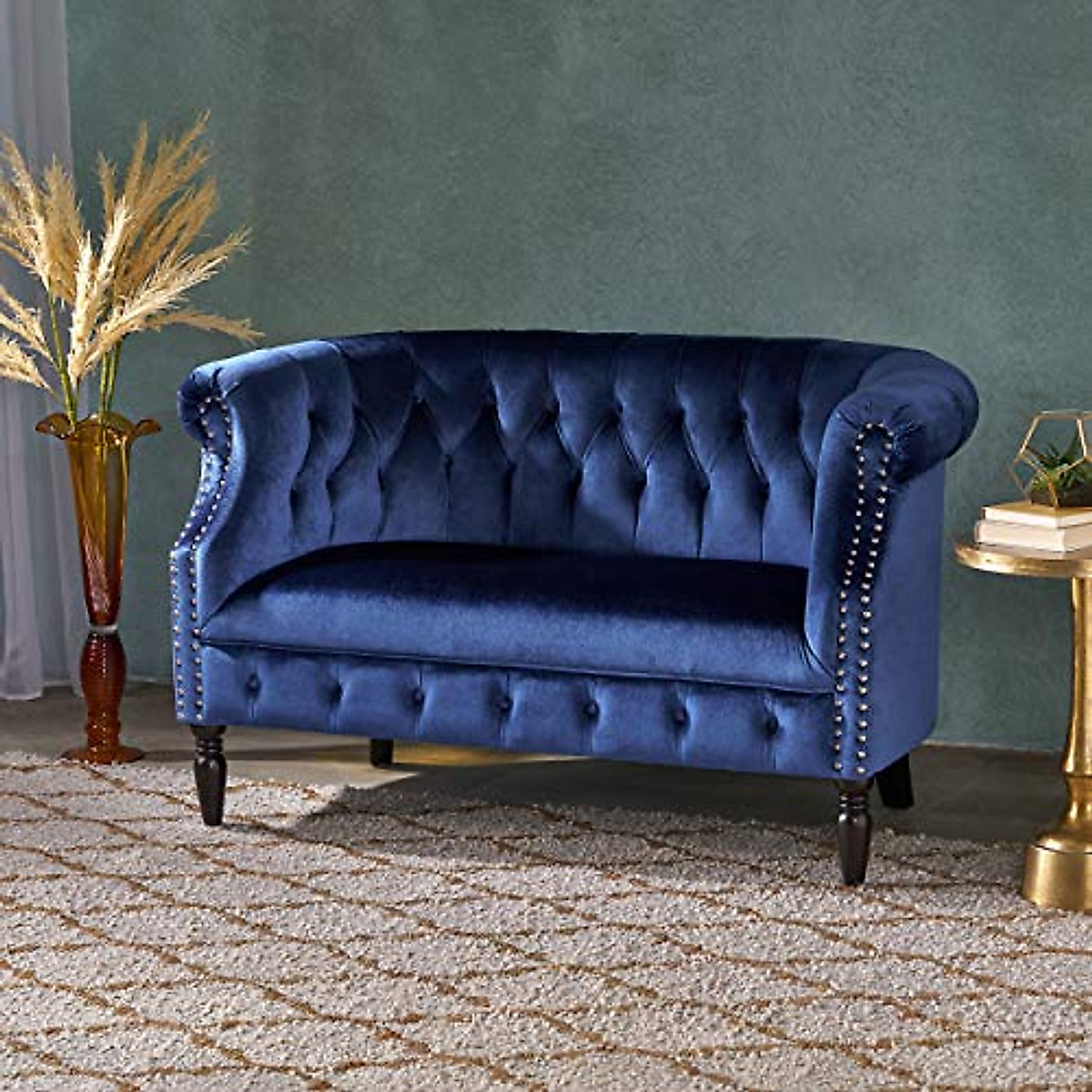 Christopher Knight Home Milani Tufted Scroll Arm Velvet Loveseat, Navy Blue / Dark Brown