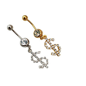 Rhinestone Dollar Sign Belly Button Ring Summer Navel Piercing Dangle Belly Button Rings Bars Bikini Waist Body Jewelry for Women (Silver)
