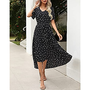 Maggeer 2024 Spring Summer Dress for Women Short Sleeve Cute High Low Flowy Graduation Engagement Bridal Shower Beach Maxi Dress Black Polka Dot M