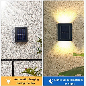 2 LED Solar Wall Light UP and Down Illuminate Outdoor Sunlight Sensor Lamp IP65 Waterproof Modern Nordic Style Decor for Home Garden Porch, Black