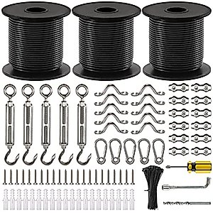 GUATTINE String Light Hanging Kit, 300 Ft Nylon Coated Stainless Steel Cable and Enough Accessories, Guide Wire for Outdoor String Lights, Patio Lights, Camping Lights