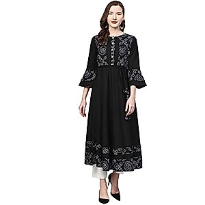 Yash Gallery Women's Cotton Slub Bandhej Print Anarkali Kurtis (Black)
