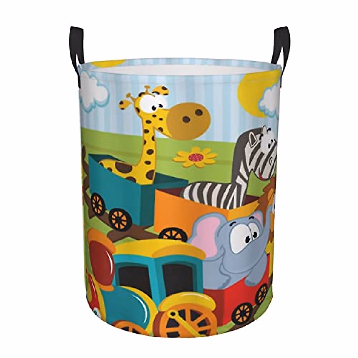Laundry Basket,Cartoon Baby Safari Wild Animals In A Train With Striped Backdrop Toys Artwork,Large Canvas Fabric Lightweight Storage Basket/Toy Organizer/Dirty Clothes Collapsible Waterproof For College Dorms-Large