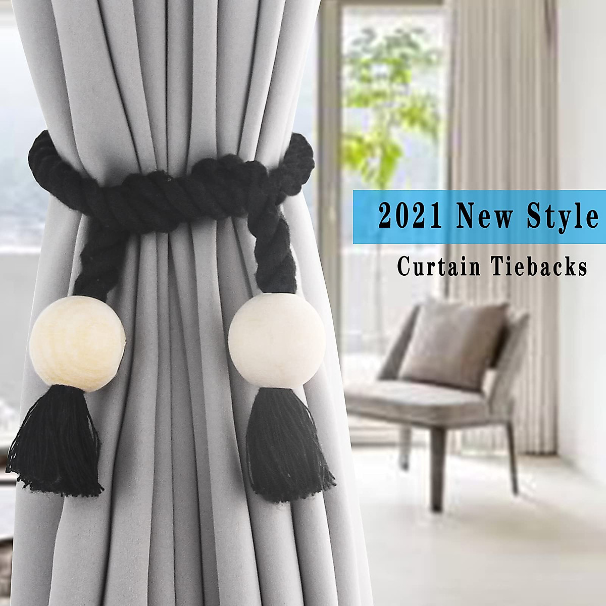 Porlau 2 Pack Black Magnetic Curtain Tiebacks Cotton Hand Woven Tieback Holdback Decorative Tie Backs for Drapes with Wooden Buckle No Tools Required